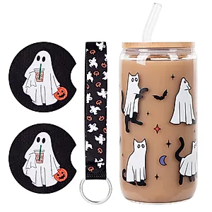 Halloween Glass Cups, 18oz Halloween Cute Ghost Cat Glass Cup w/Lids Straws, Halloween Tumbler Mug, Halloween Spooky Gifts, Boo basket stuffers, With Halloween Car Coasters and Keychain Wristlet