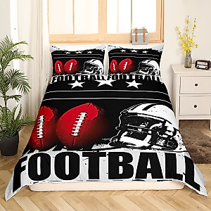Football Duvet Cover Sports Bedding Set Soccer Ball Black White Red Comforter Cover for Boys Girls Children Teens Bedroom Decor 3D America Football Bedspread Cover Full Size with 2 Pillow Case