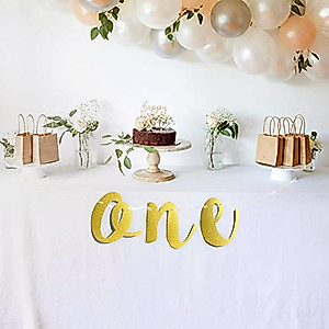 Gold 1st Birthday Banner, Glitter Number One Highchair Sign with Silk Ribbon, One Year Bday Party Decor for Girls and Boys, Baby Shower Photo Booth Props, First Birthday and Anniversary Party Cake Decorations