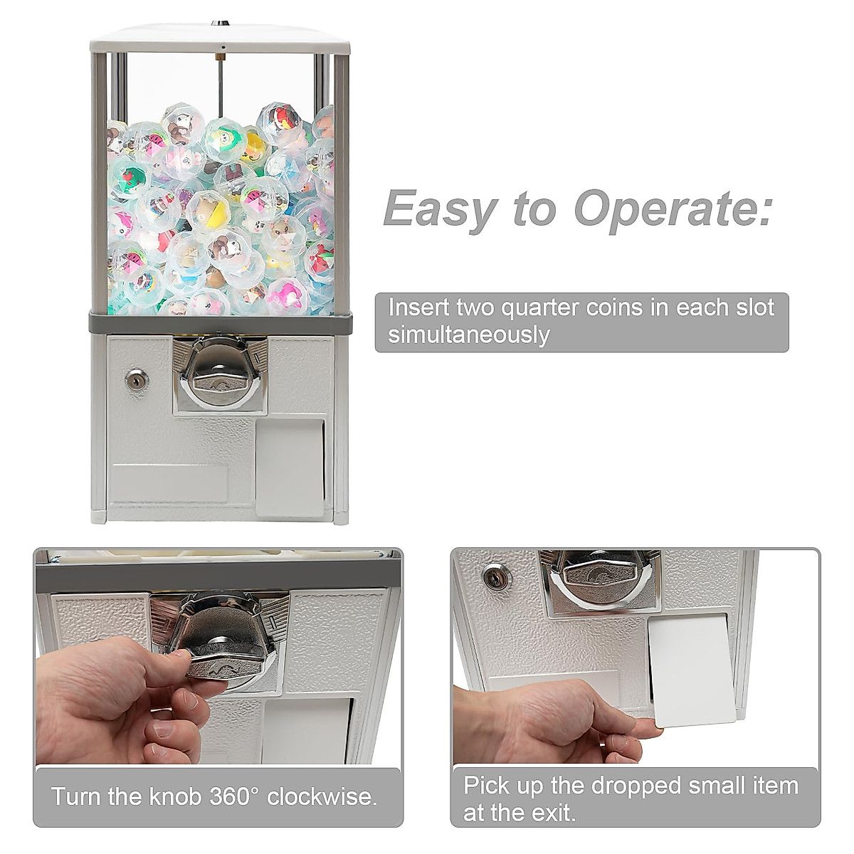 Gdrasuya10 Vending Machine, Gumball Dispenser Machine Huge Load Capacity Gumball Bank High Security Toy Vending Machine for 1.77-1.97in Gumballs/Toys, 25 Cents Coin (White)