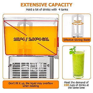 Commercial Beverage Dispenser, 4 Tanks 10.56 Gallon 40L Commercial Juice Dispenser, 10 Liter Per Tank, 380W Stainless Steel Food Grade Ice Tea Drink Dispenser with Thermostat Controller