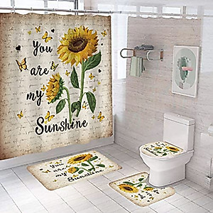 CILPIR Sunflower Shower Curtain Sets with Rugs 4PCS, You are My Sunshine Bathroom Curtains Shower Decor Set with Non-Slip Rug, Toilet Lid Cover and Bath Mat, Shower Curtain Sunflower with 12 Hooks