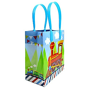 TINYMILLS Train Party Favor Bags Treat Bags Kids Birthday Party Goody Bags with Handles for Boys Girls, 12 Pack Chugga Chugga Two Two Party