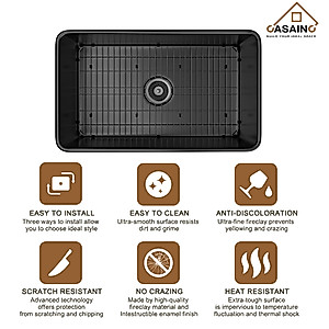 CASAINC 30-inch Kitchen Sink Black, Farmhouse Sink Fireclay Apron -Front Farmhouse Deep Single Bowl, Farmhouse Sink with Stainless Steel Bottom Grid and Kitchen Sink Drain