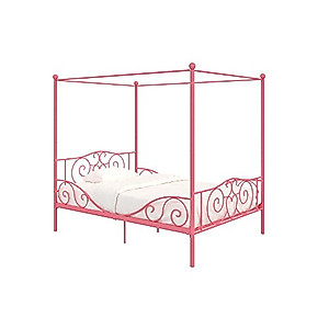 DHP Metal Canopy Kids Platform Bed with Four Poster Design, Scrollwork Headboard and Footboard, Underbed Storage Space, No Box Sring Needed, Full, Pink