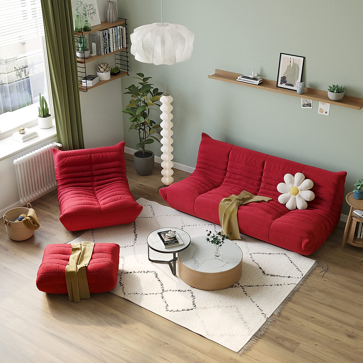 TIFLON Lazy Floor Sofa,Minimalist Sofa Couch,Teddy Velvet 3Seatert Sofa, Fireside Chair,Tatami Sofa,Corner Relax Sofa Couch for Living Room Bedroom Salon Office-Red