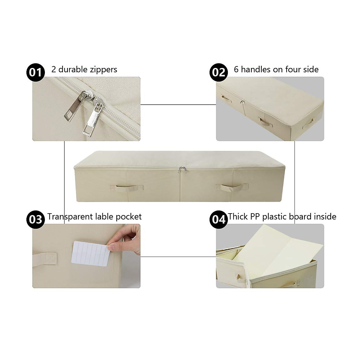 iwill CREATE PRO Pack of 2, 39.4" Large Size Folding Underbed Storage Organizer Boxes with Lid, Folding & Washable, 6 Handles on All Sides, Beige