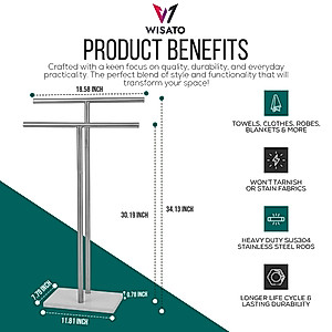 WISATO - Free Standing Towel Rack for Bathroom - Brushed Nickel Finish - Stand Alone 2 Tier Stainless Steel Towel Rack for Bathroom Floor with Heavy Marble Base, Double T Shape Drying Stand for Towels