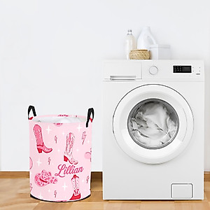 Cowgirl Boot Pink Personalized Laundry Basket Hamper,Collapsible Storage Baskets with Handles for Kids Room,Clothes, Nursery Decor