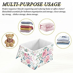 Kigai Storage Basket Pink Rose Flower Floral Storage Boxes with Lids and Handle, Large Storage Cube Bin Collapsible for Shelves Closet Bedroom Living Room, 16.5x12.6x11.8 In