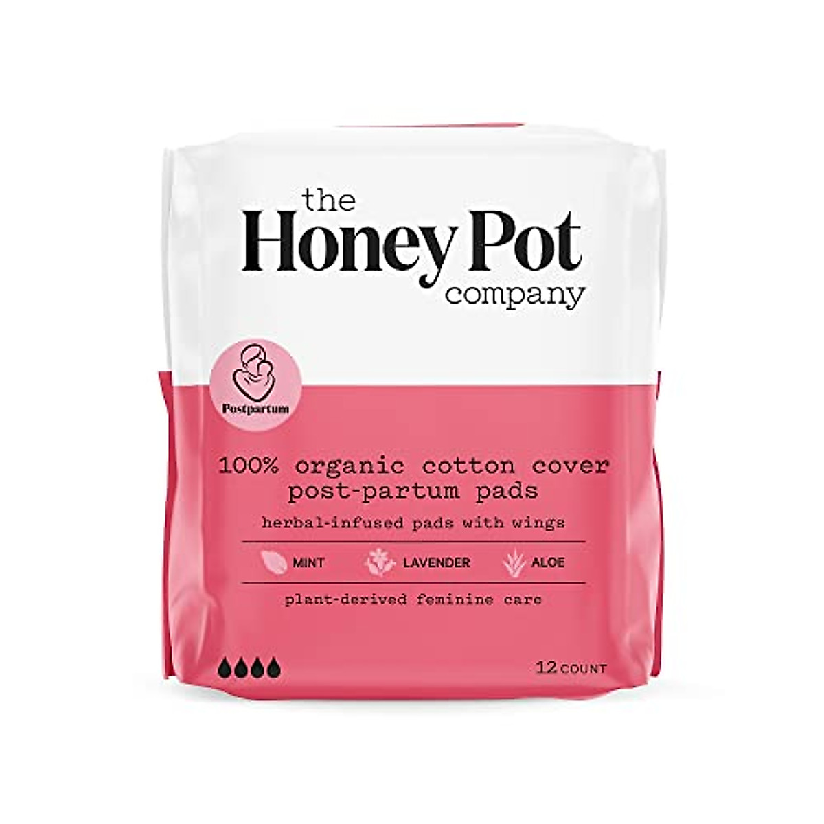 The Honey Pot Company - Herbal Postpartum Pads w/Wings - Full Coverage -Infused w/Essential Oils for Cooling Effect, Organic Cotton Cover, & Ultra-Absorbent - Postpartum Essentials - 12ct