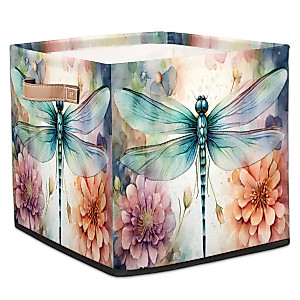 Tablerazzi Floral Dragonfly Cube Storage Bin, 13 Inch Collapsible Fabric Storage Cube Bin, Foldable Cube Baskets for Shelf, Closet, Organizer