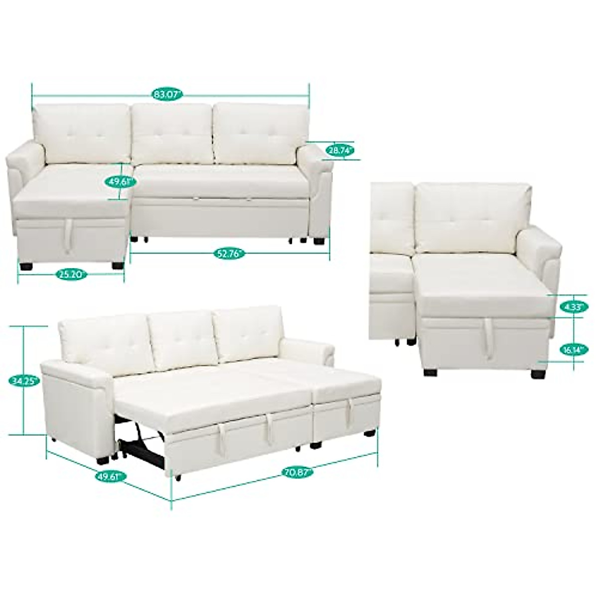 Naomi Home Reversible Sleeper Sectional Sofa Storage Chaise - White, Air Leather White/Air Leather