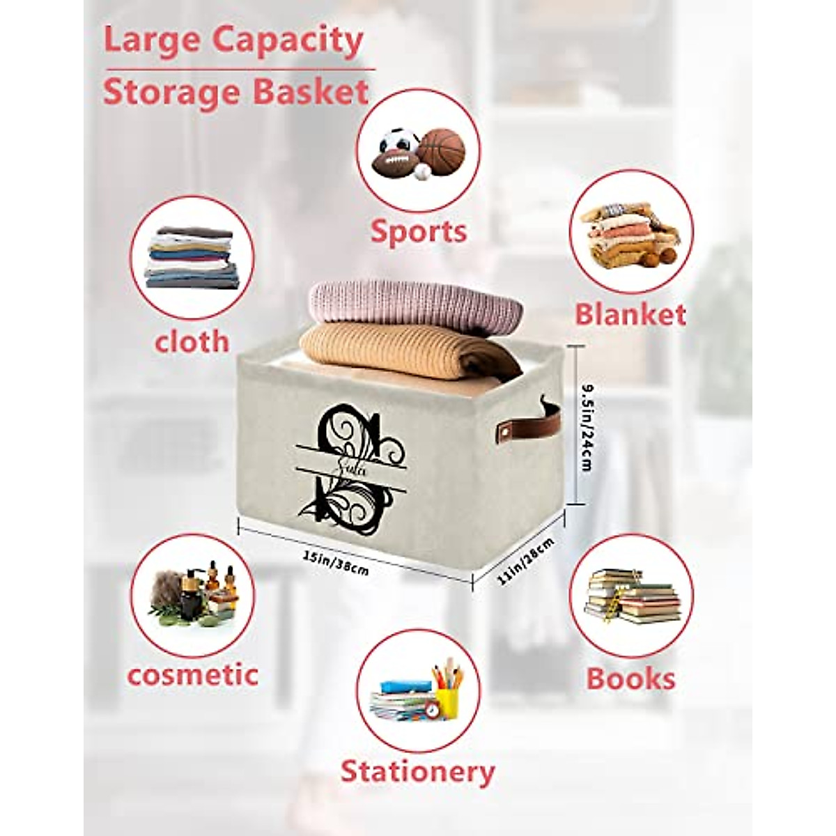 Personalized Capitalize The First Letter Storage Bin - S - Custom Name Collapsible Organizer Storage Basket for Home Decor, 15 x 11 x 9.5 in