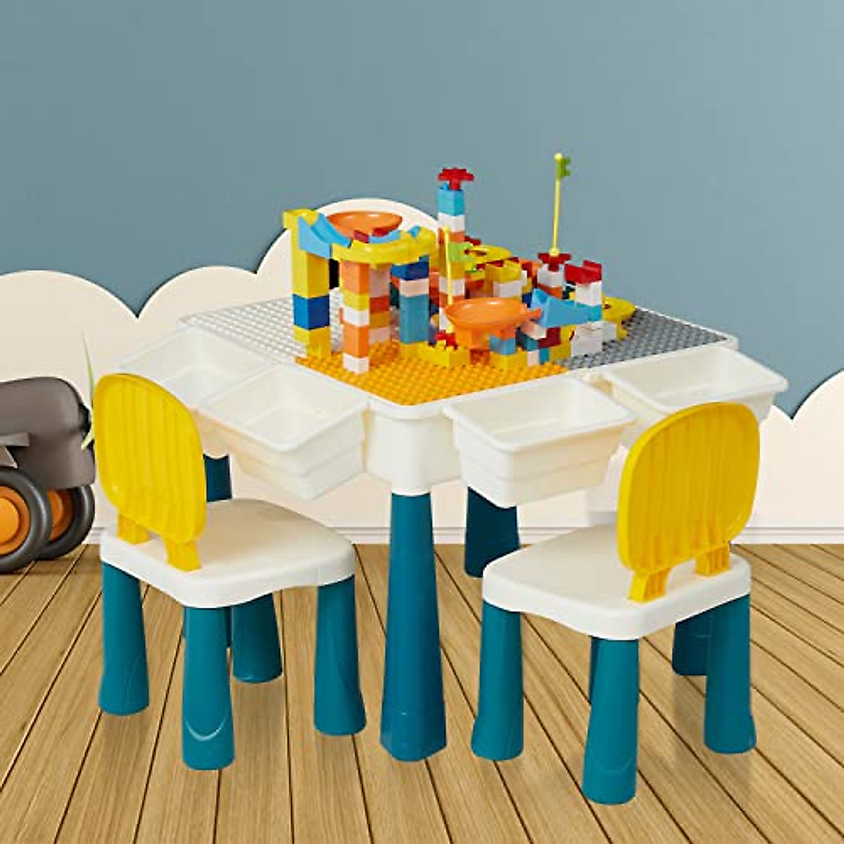 Kinfant 5-in-1 Kids Table & Chairs Set - Toddler Activity Center with Building Blocks for Boys & Girls, Sand & Water Table Set for Home, Playroom, Nursery