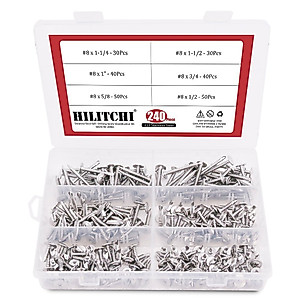 Hilitchi 410 Stainless Steel Wafer Head Phillips Self Drilling Screws Sheet Metal Tek Screws Assortment Kit, Modified Truss Head Self Driller - Size: #8 x 1/2" ~ #8 x 1-1/2" (Pack of 240)
