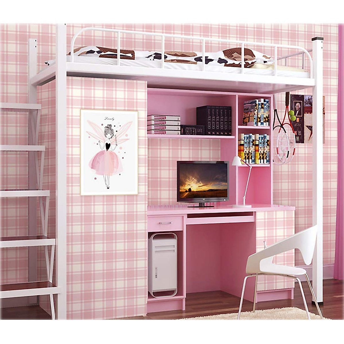 GLOW4U Plaid Pattern Vinyl Contact Paper Self Adhesive Shelf Drawer Liner for Kitchen Cabinets Backsplash Countetop (Pink, 24" Wx117 L)