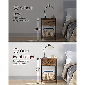 VASAGLE Nightstand with Drawer, End Table, Bed Side Table, Small Table, Tall Night Stand with Fabric Storage and Shelf for Bedroom, Dorm, Easy Assembly, Rustic Brown and Black ULGS021B01