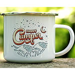 Happy Camper Enamel Mug, Outdoor Camping Coffee Cup, Hiking Mountain Nature Lover Gift (16oz)