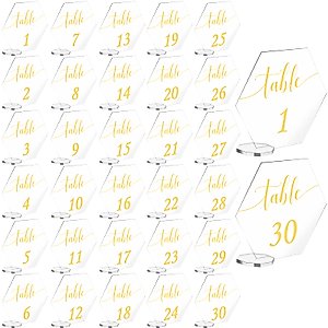 30 Pcs Gold Acrylic Wedding Table Numbers with Stand Printed Clear Acrylic Table Number Stand Table Number Signs for Wedding Reception Event Party Dining Room(Hexagonal)
