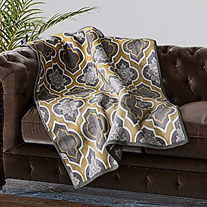 Shop LC Grey Throw Fleece Blanket Queen Size | 80"x60" | Yellow Moroccan Pattern 100% Microfiber Soft Plush Lightweight Full Size Flannel with Knitted Border Birthday Gifts