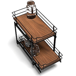 Home Zone Living Pull Out Kitchen Cabinet Organizer with 2 Tiers of Storage for Easy Access, 12”W x 20”D, Matte Black with Dark Brown, Virtuoso Collection