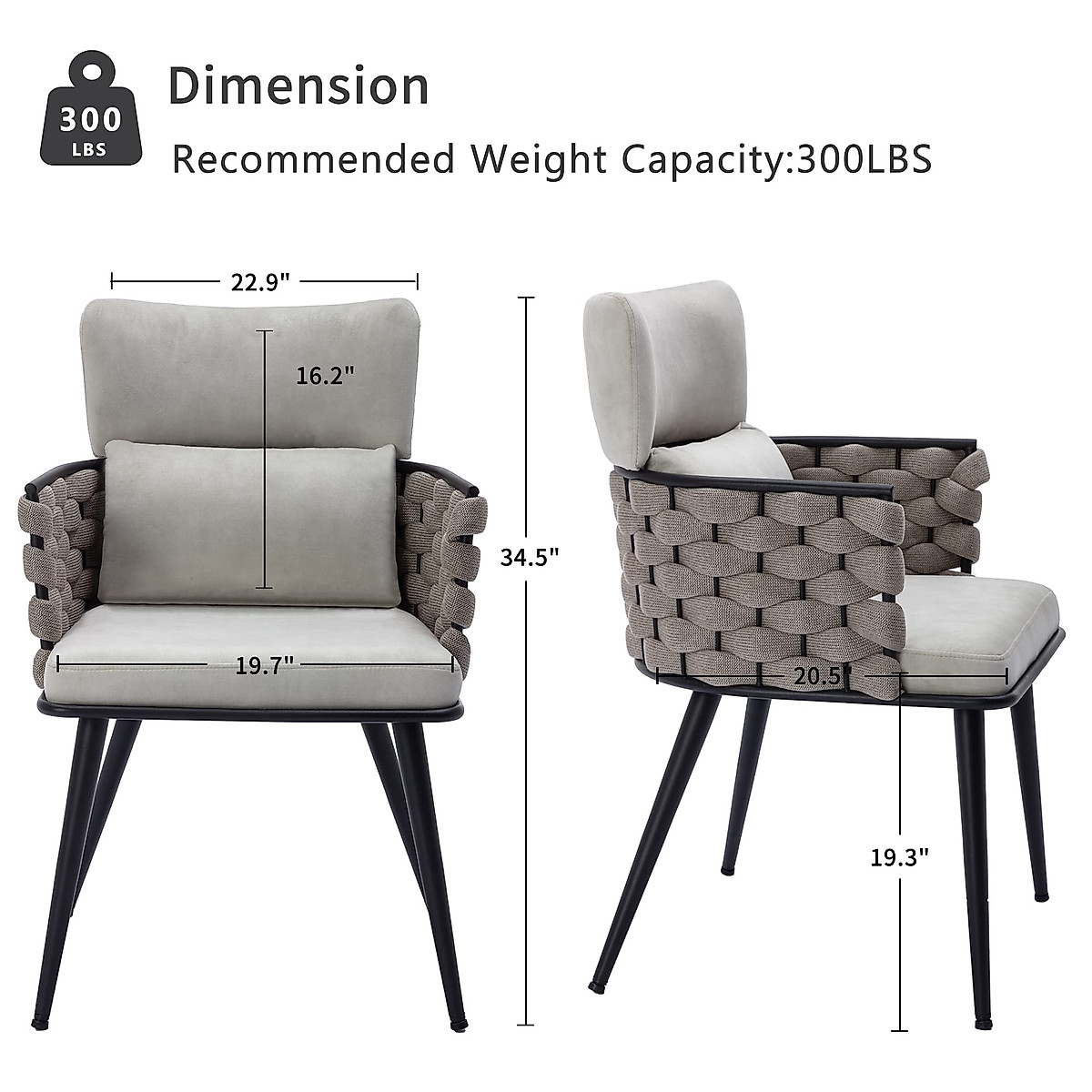 BFZ Mid-Century Modern Dining Chairs Set of 2, Handmade Woven Kitchen Chairs, Upholstered Velvet Dining Chairs with Metal Legs for Kitchen, Dining Room, Living Room