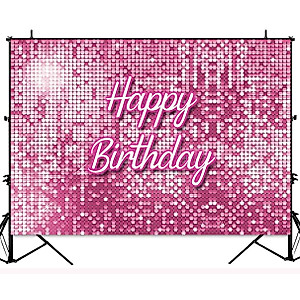 Ayayiya Pink Flash Square Birthday Backdrop Shining Sequins Shimmer Panels Wall Photography Background Princess Girl Sweet 16 18th Birthday Women 21st 30th 40th Birthday Decorations Photo Booth 7x5ft