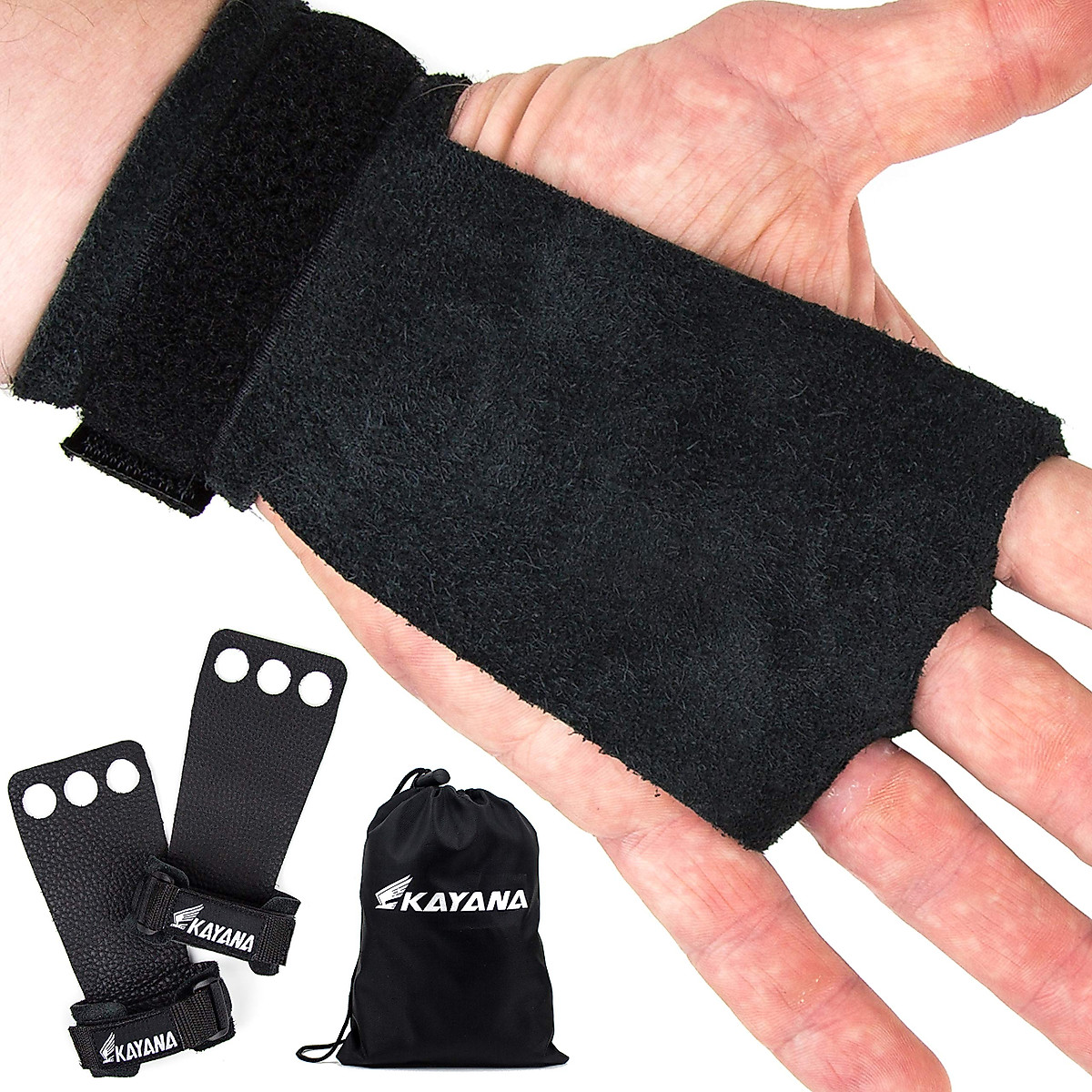 KAYANA 3 Hole Leather Gymnastics Hand Grips - Palm Protection and Wrist Support for Cross Training, Kettlebells, Pull ups, Weightlifting, Chin ups, Workout, & Exercise (Youth Black, Small)