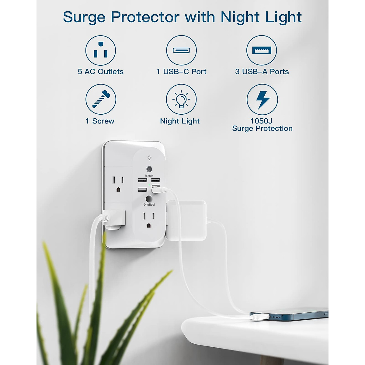 Outlet Extender with Night Light and Surge Protector with USB Bundle