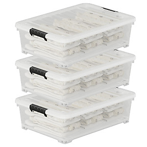 Ponpong 52 Quart Large Plastic Underbed Latching Storage Box, Clear Wheeled Under Bed Storage Bins, 3 Packs