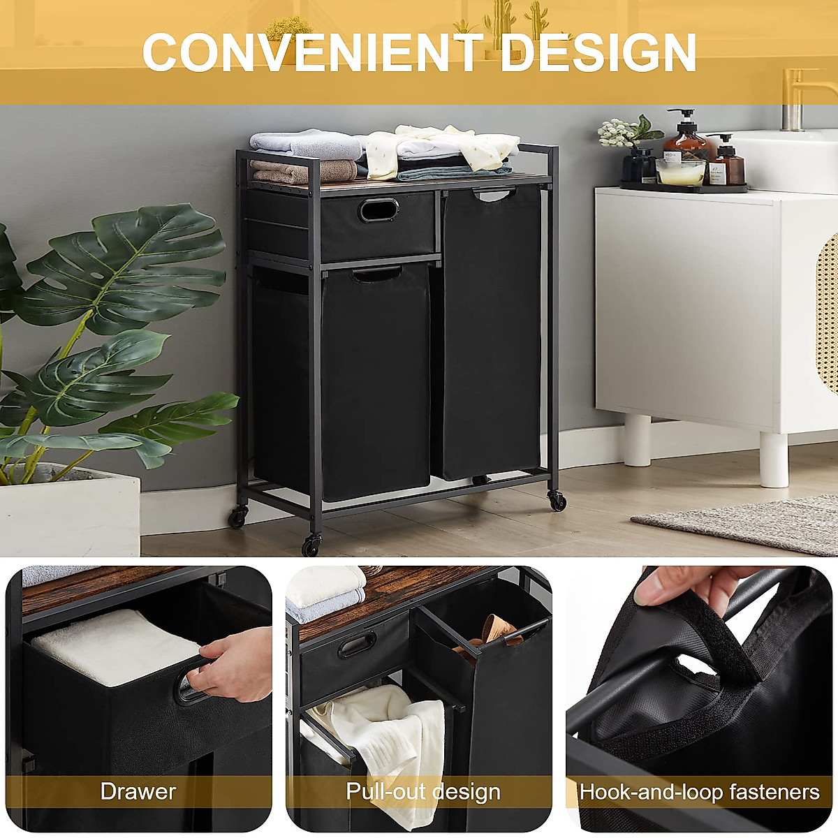 Zevemomo Laundry Basket Hamper with Wheels，2 Laundry Bags & Drawer, Laundry Hamper with Shelf for Laundry，Laundry Room Organization, Rustic Brown and Black