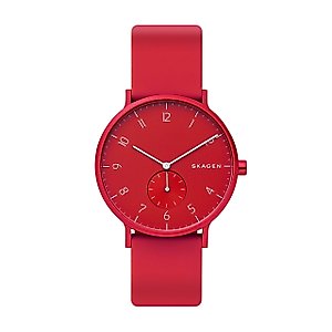 Skagen Men's Aaren Quartz Analog Stainless Steel and Silicone Watch, Color: Red (Model: SKW6512)
