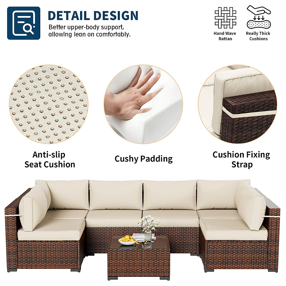 UDPATIO Patio Furniture Sets, Modular Rattan Outdoor Patio Sectional Furniture Sofa Set, Wicker Patio Conversation Set for Backyard, Deck w/Glass Table, 7PC Brown/Cream (Include Sofa Cover)