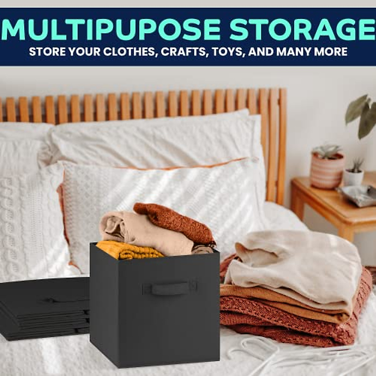 Cube Storage Bins - 11 Inch Storage Cubes (9 Pack) | Fabric Cubby Basket for Home, Kids Room & Nursery | Dual Handles, Foldable | Cube Organizer Storage Bin (Black)