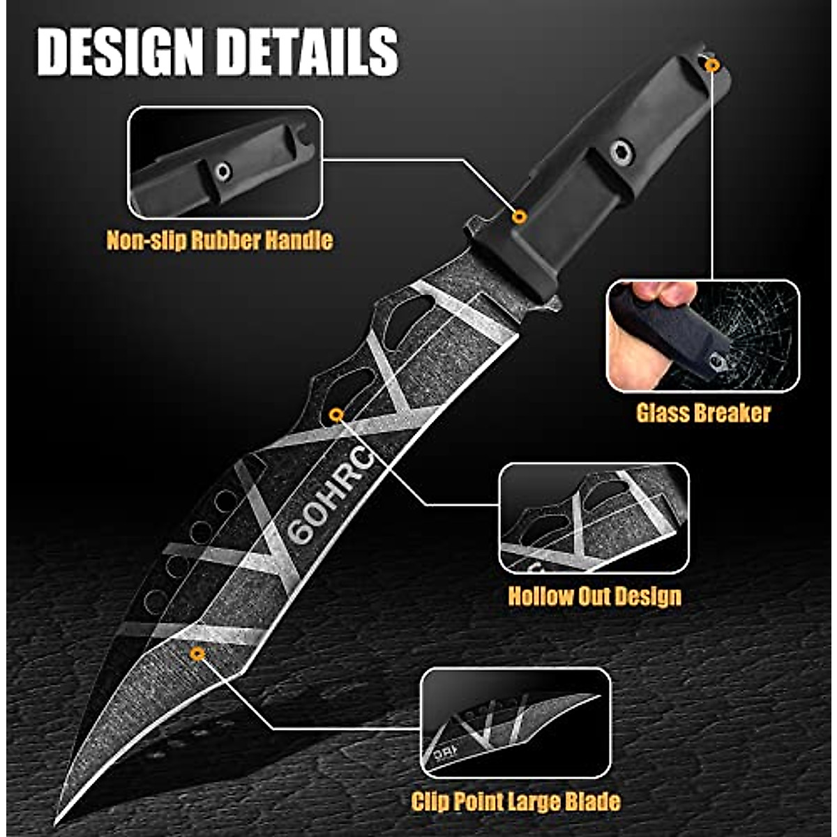 HOLYEDGE 14.1 inch Stonewash Full-tang Fixed Blade Tactical Knife - Fantasy Large Sturdy Military Survival Combat Knife Camping Hunting Knives with Sheath