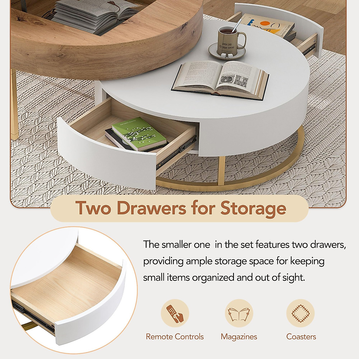 Modern Lift-top Coffee Table for Living Room, Set of 2 Round Nesting Coffee Table, Center Table with 2 Drawers, Suitable for Living Room and Office (Oak Natural Wood + Antique White)