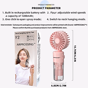 AIRPROSSING Portable Handheld Misting Fan，Rechargeable Battery Operated Spray Water Mist Fan Foldable，4 Speeds，Small Personal Cooling Fans for Outdoor,Travel, Makeup, Home, Office, Camping (white)