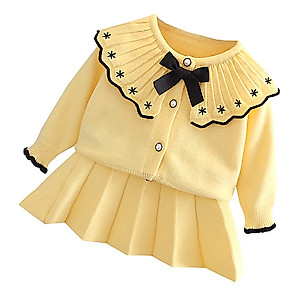 Toddler Baby Girls Outfit Knitted Buttons Sweater Tops Mini Skirt Bowknot Ruffle Long Sleeve Autumn Winter Clothes Set Pleated Skirt Knit Cardigan Sweater Coat Fall Winter Outfits Yellow 5-6 Years