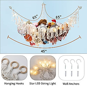 CUHIOY Toy Hammock for Stuffed Animals Large, Toy Storage Net Fits 40 Teddy Bears with Lights, Kids Mesh Hanging Nursery Organizer, Plush Toys Holder on Bedroom Wall Corner Decoration（ Beige）｜64x 64x 45 Inch