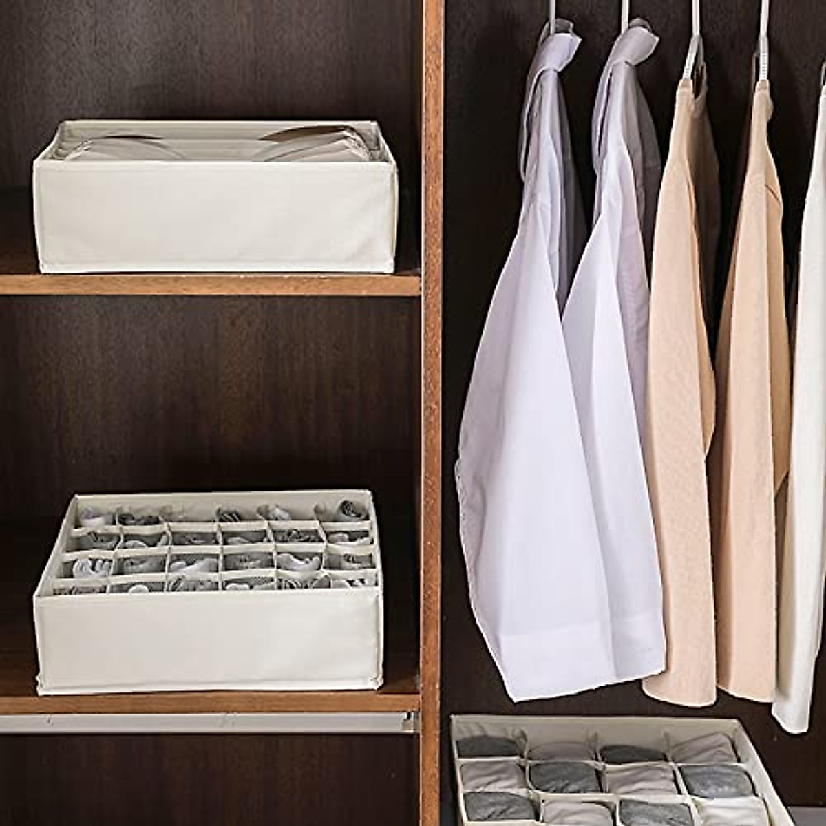 STYLIFING Bra Socks Underwear Organizer 3 Pack, Foldable Closet Organizer Drawer Soft Fabric Dresser Drawer Divider Bins for Bra Underwear Socks Ties Lingerie (Beige)