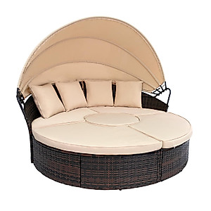 SOLAURA Outdoor Round Daybed, Patio Daybed with Retractable Canopy and Brown Wicker Patio Sectional Sofa, Seating Separates Cushioned Seats (4 Light Brown Pillow)