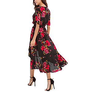 Kormei Womens Short Sleeve Floral High Low V-Neck Flowy Party Long Maxi Dress M Black&Red