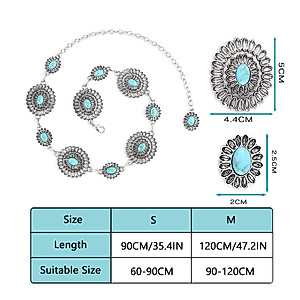 Navoky Turquoise Chain Belts Concho Belt Silver Metal Western Waist Chain Retro Boho Cowgirl Outfit Accessories for women (F, Small)