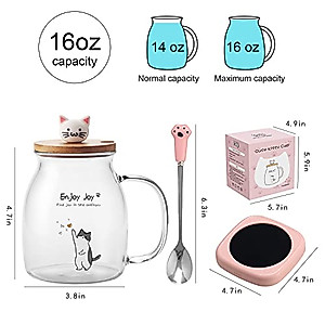 Bsigo Smart Coffee Mug Warmer & Cute Cat Glass Mug Set, Beverage Warmer for Desk Office, Cup Warmer Plate for Milk Tea Water with Two Temperature Setting(Up to 140℉/ 60℃), 8 Hour Auto Shut Off, Clear