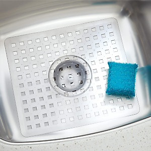 iDesign Euro Plastic Sink Grid, Non-Skid Dish Protector for Kitchen, Bathroom, Basement, Garage, 12.5" x 11", Clear