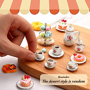 40 Pcs 1:12 Scale Dollhouse Miniature Kitchen Accessories Set Includes 15 Flower Pattern Porcelain Tea Cup 24 Mixed Pretend Cake Foods 1 Mini Three-Tier Cake Stand for Decor Supply (Sweet Style)