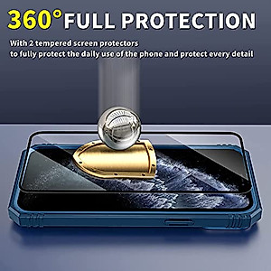 Pompvla for iPhone 11 Pro Case with 2Tempered Glass Screen Protectors,Bulit-in Magnetic Kickstand Ring & Camera Cover Shockproof Military Grade Drop Heavy Duty Protection Men5.8 inch[Not for iP11]Blue