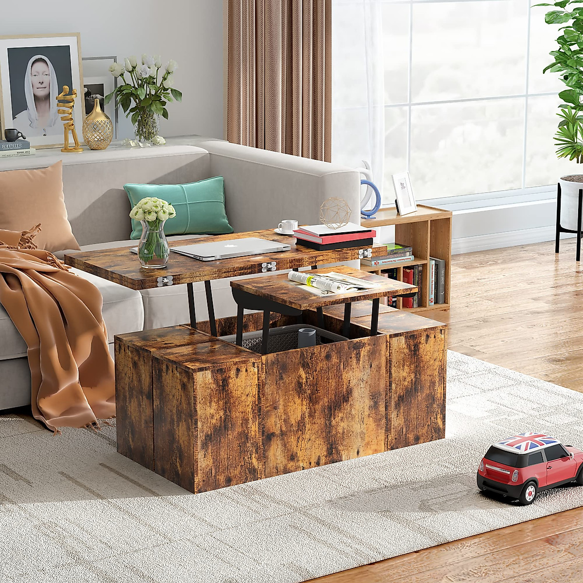 PAKASEPT Lift Top Coffee Table,3 in 1 Multi-Function Modern Dining Table with 4 Storage Bench,39.4” for Living Room Reception Room (Rustic Brown)