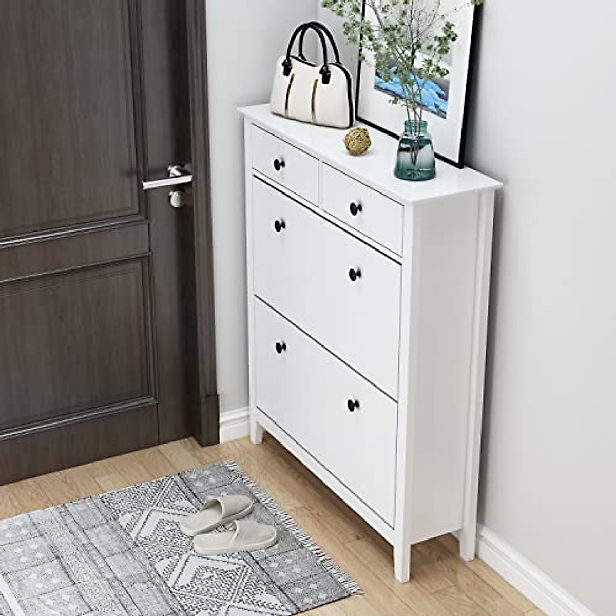 ECACAD Modern Shoe Storage Cabinet with 2 Flip Drawers & 2 Pull-Out Drawers, Wood 3-Tier Shoe Rack Organizer for Entryway, Bedroom, Hallway, White (35”W x 10”D x 41.1”H)
